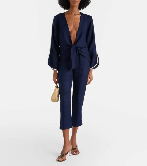 ADRIANA DEGREAS Bicolor Linen-blend Top - Blue