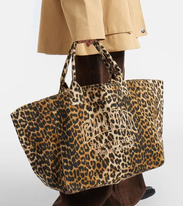 GANNI Large Leopard-print Canvas Tote Bag - Brown