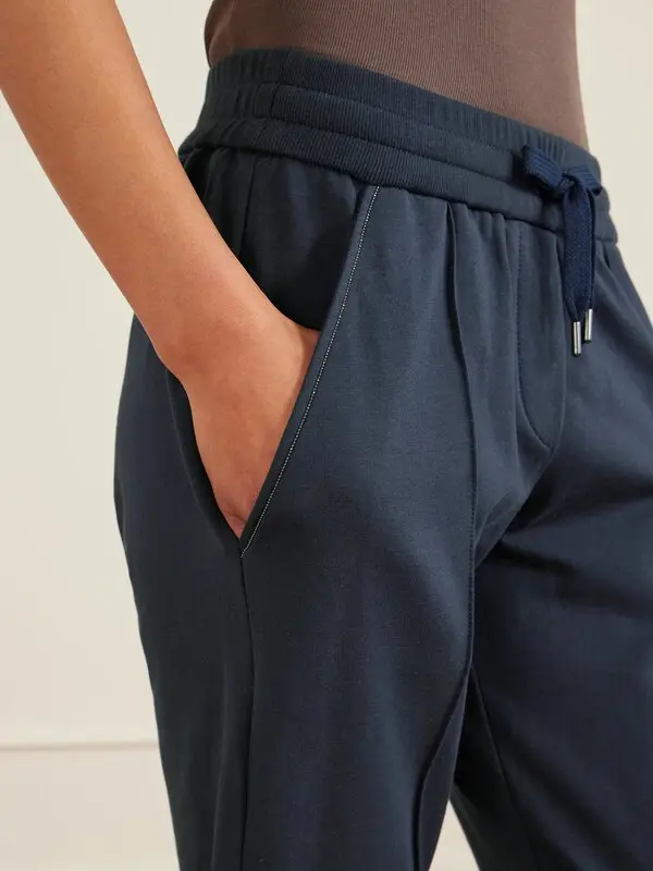 Brunello Cucinelli Bead-embellished Cotton-blend Jersey Track Pants - Blue
