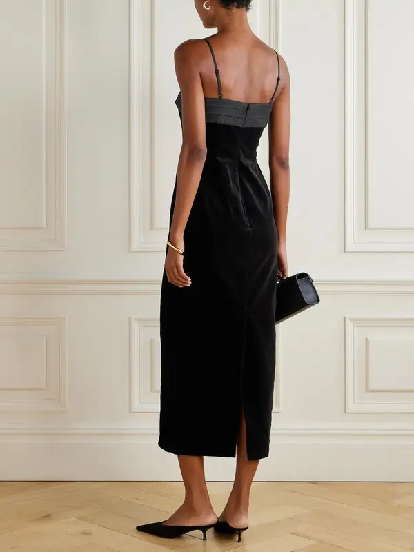Quincy Pleated Bow-detailed Cotton-velvet Midi Dress