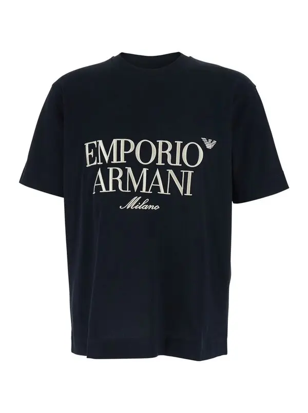 Emporio Armani Crewneck T-shirt With Maxi Logo Embroidery On The Front In Cotton - Blue