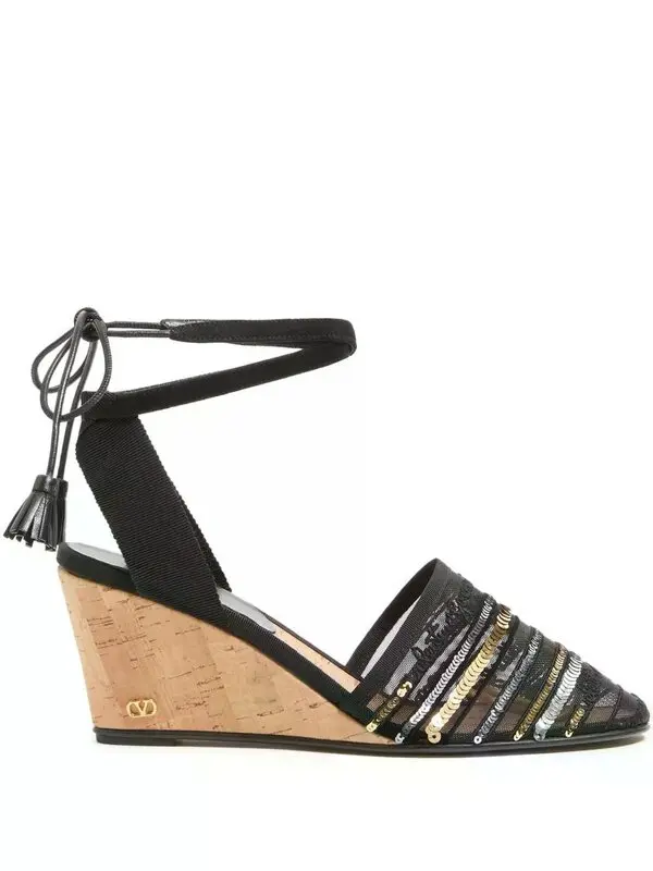 Valentino Garavani 75mm La Cruisette Sequin Wedge Sandals - Black