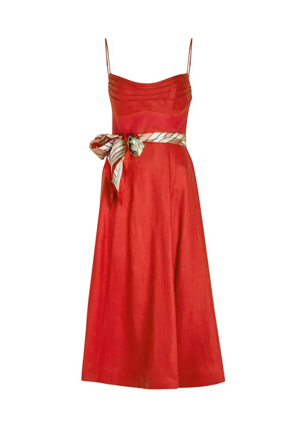 Zimmermann Rebellion Belted Linen Midi Dress - Red