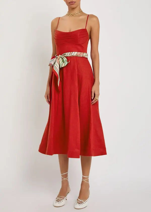 Zimmermann Rebellion Belted Linen Midi Dress - Red