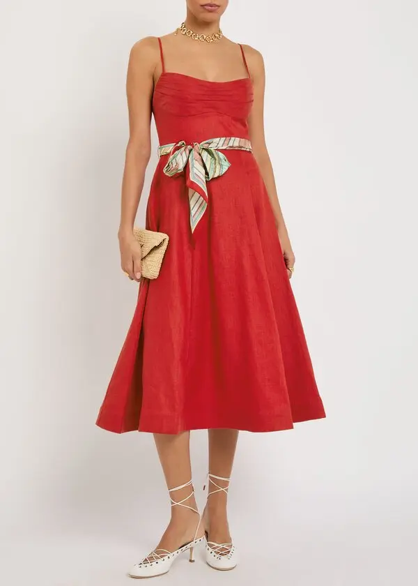 Zimmermann Rebellion Belted Linen Midi Dress - Red
