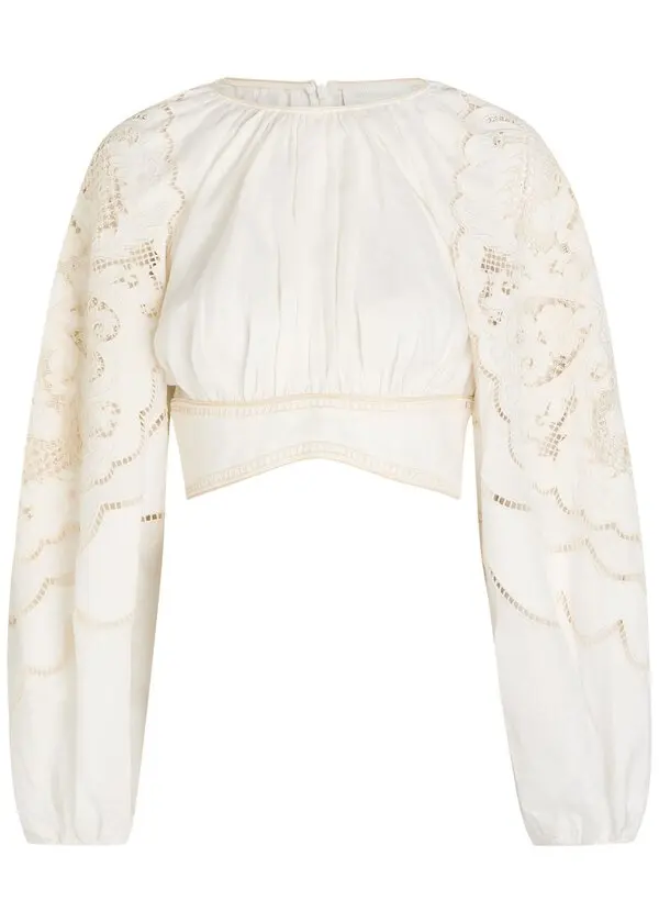 Zimmermann Daylight Guipure-lace Cropped Linen Top