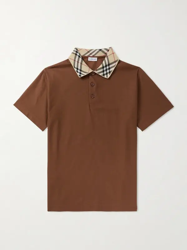 Burberry Evan Check Collar Cotton-piqué Polo Shirt - Brown