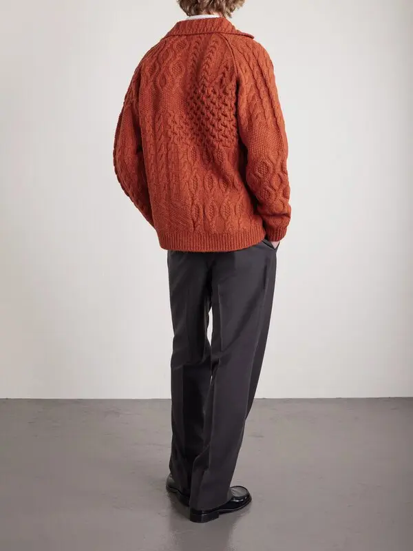 BEAMS Alan Patchwork Cable Knit Wool Cardigan