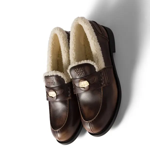 Miu Miu Bleached Leather And Shearling Penny Loafers - White