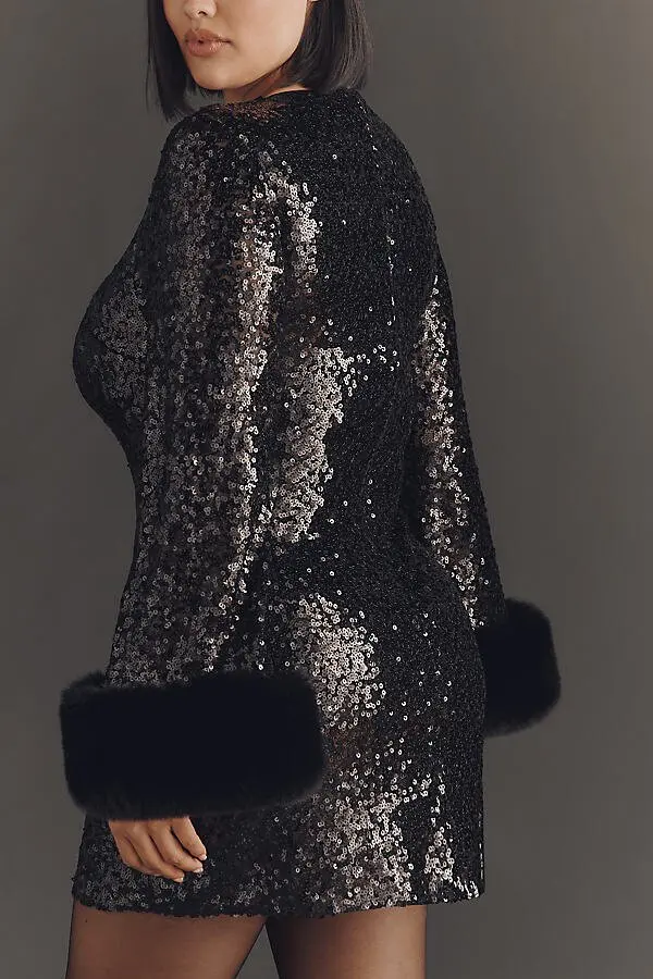 HUTCH Long-sleeve Faux Fur Trim Sequin Mini Dress