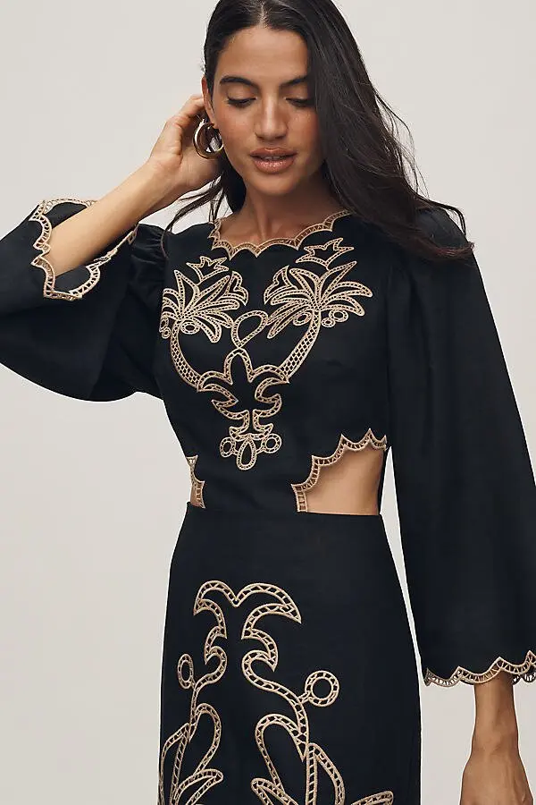 Long-sleeve Cutout Embroidered Midi Dress
