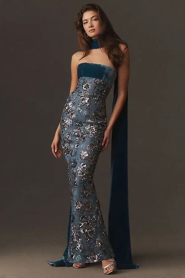 Sau Lee Adrian Strapless Embroidered Maxi Dress With Scarf In Misty Blue -  30% Off | Editorialist