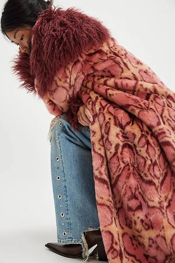 UNREAL FUR Cuvée Rose Faux Fur Coat With Shearling Cuffs And Collar