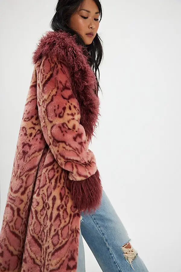 UNREAL FUR Cuvée Rose Faux Fur Coat With Shearling Cuffs And Collar