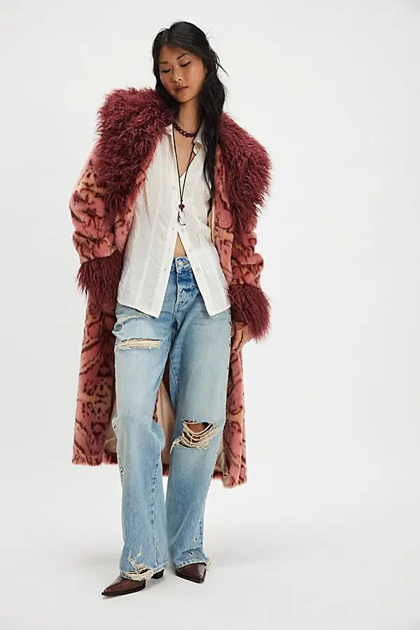 UNREAL FUR Cuvée Rose Faux Fur Coat With Shearling Cuffs And Collar