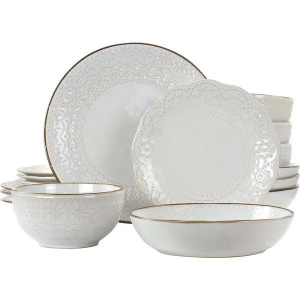 ELAMA Countess 16 Piece Embossed Double Bowl Stoneware Dinnerware Set - White