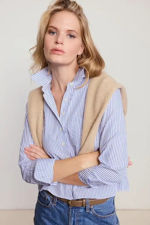 The Shirt By Rochelle Behrens Boxy Crop Shirt - White/blue Stripe