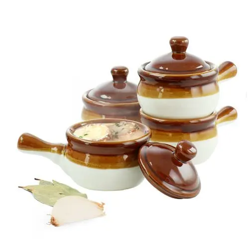 ELAMA 4 Piece Long Handle 15 Ounce French Onion Soup Bowl With Lid - Brown