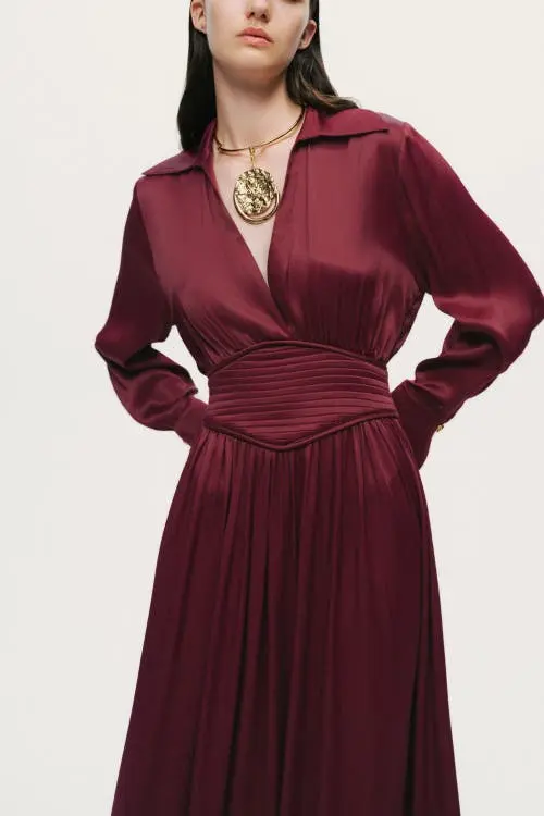 NOCTURNE Plunging V-neck Collared Midi Shirt Dress