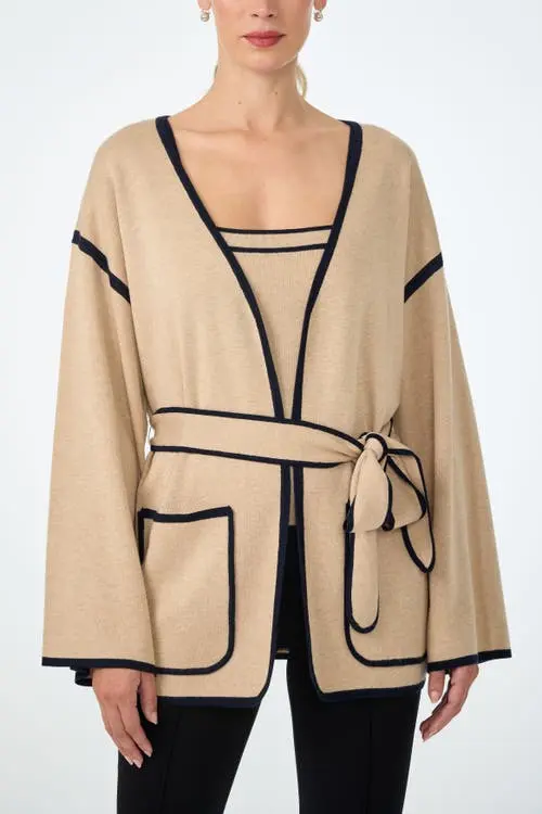 Trina Turk Wright Belted Cardigan - Camel/indigo