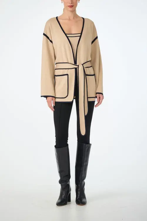 Trina Turk Wright Belted Cardigan - Camel/indigo