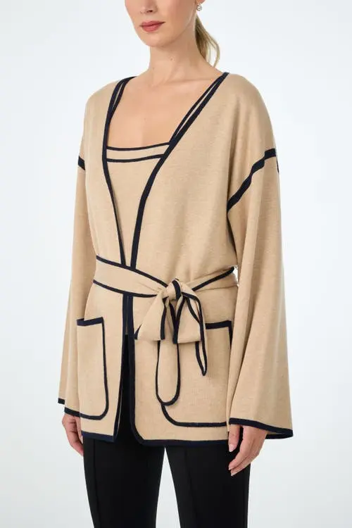 Trina Turk Wright Belted Cardigan - Camel/indigo