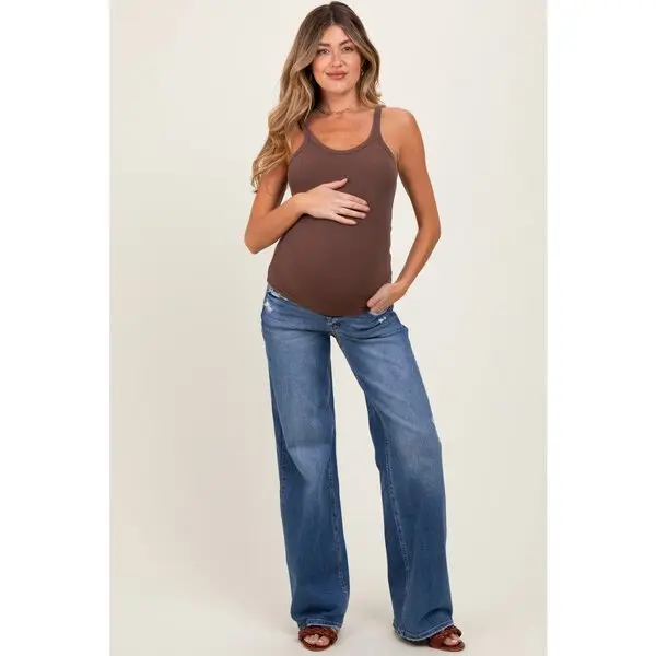 PINKBLUSH Lightly Distressed Wide Leg Maternity Jeans - Blue