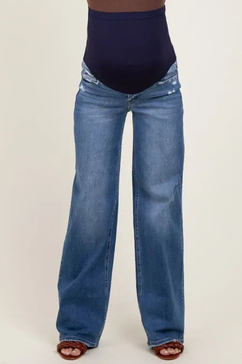 PINKBLUSH Lightly Distressed Wide Leg Maternity Jeans