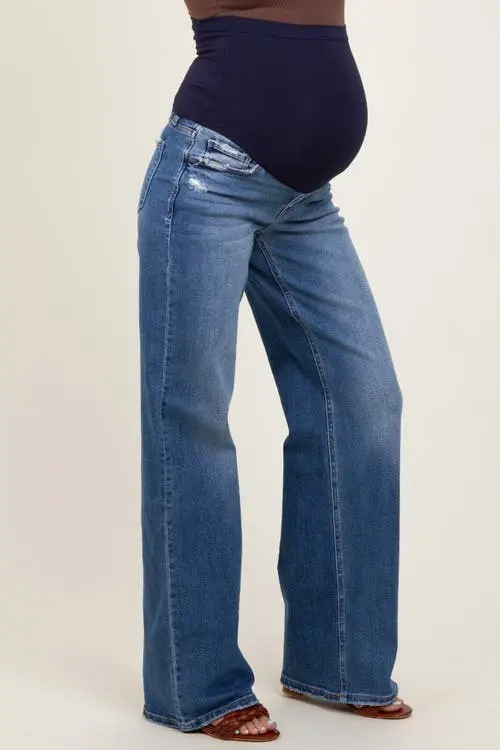 PINKBLUSH Lightly Distressed Wide Leg Maternity Jeans