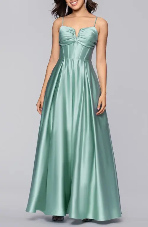 BLONDIE NITES Notch Neck Satin Ballgown - Seafoam