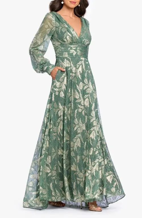 Betsy & Adam Metallic Floral Long Sleeve Crinkle Mesh Gown