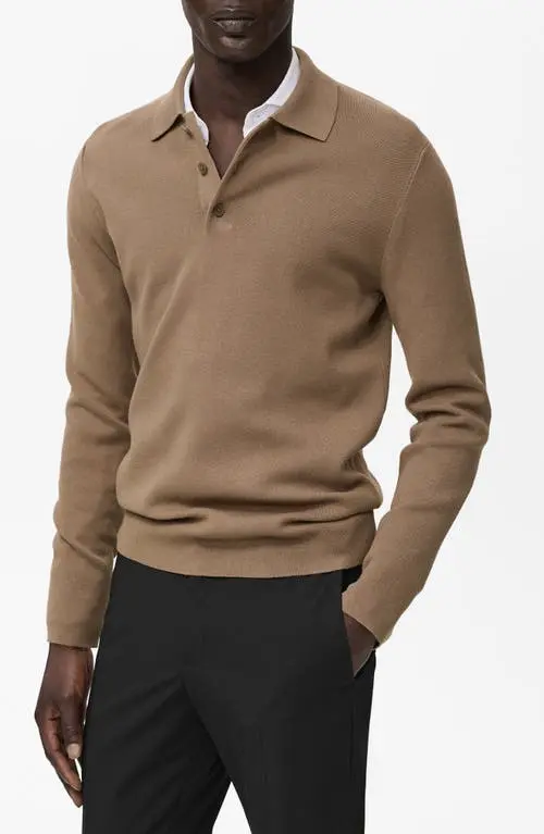 Mango Long Sleeve Piqué Polo - Medium Brown
