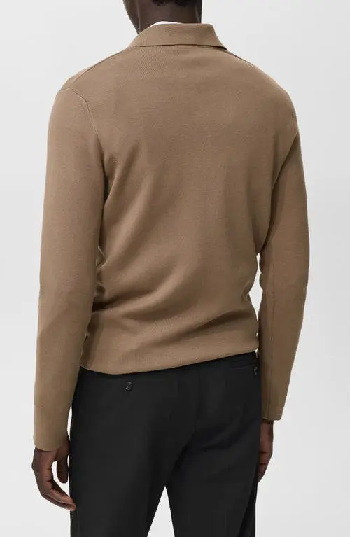 Mango Long Sleeve Piqué Polo - Medium Brown