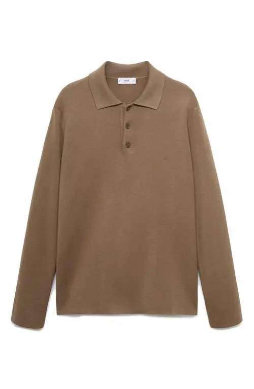 Mango Long Sleeve Piqué Polo - Medium Brown