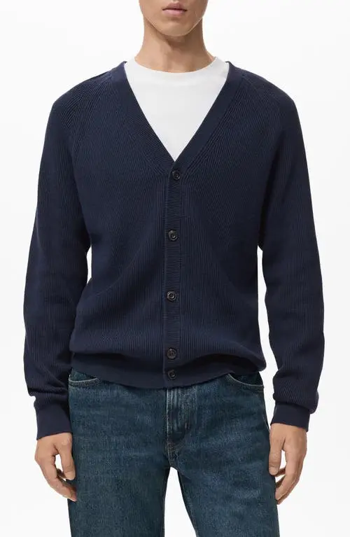Mango Ribbed Cotton Blend Cardigan - Navy