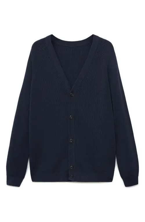Mango Ribbed Cotton Blend Cardigan - Navy
