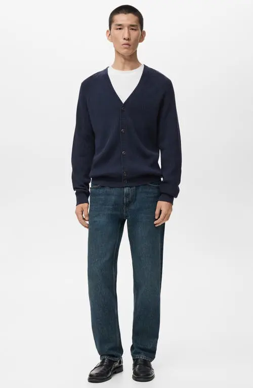 Mango Ribbed Cotton Blend Cardigan - Navy