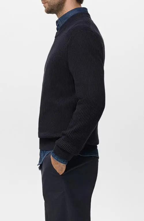 Mango Fine Rib Knit Cotton Crewneck Sweater - Navy