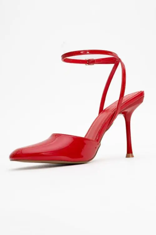 PROLOGUE SHOES Round Toe Ankle Strap Pumps - Red Patent