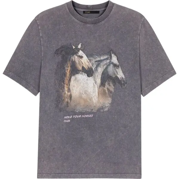 Maje Horse Print Cotton T-shirt - Grey