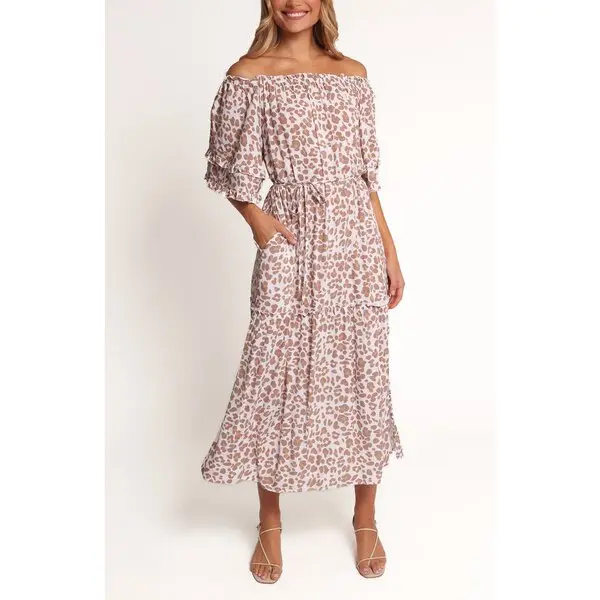 PETAL & PUP Rhody Leopard Print Off-the-shoulder Maxi Dress - White Leopard