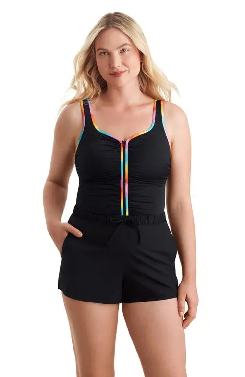 SHAPESOLVER SPORT Shirred Zipper One-piece Swimsuit - Ombre Sorbet