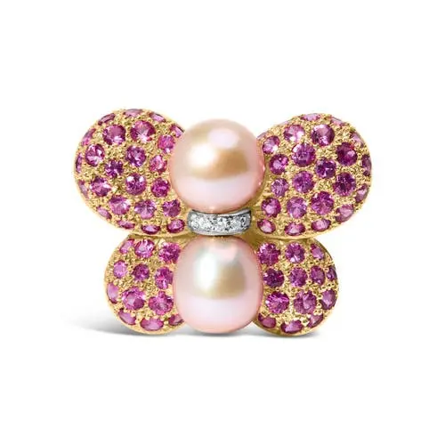HAUS OF BRILLIANCE 18k Gold South Sea Pearl, Pink Sapphire And Diamond Butterfly Pin Brooch - Yellow