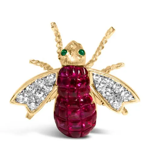 HAUS OF BRILLIANCE 18k Gold Diamond And Ruby Bumblebee Brooch Pin - Yellow