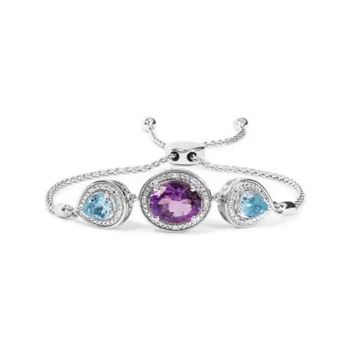 HAUS OF BRILLIANCE Silver Amethyst, Topaz, And Diamond Bolo Bracelet - White