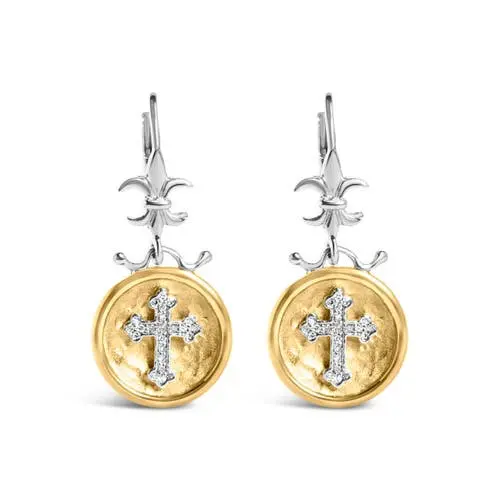 HAUS OF BRILLIANCE 18k Gold Plated Silver Diamond Medallion Cross Dangle Earrings - Yellow