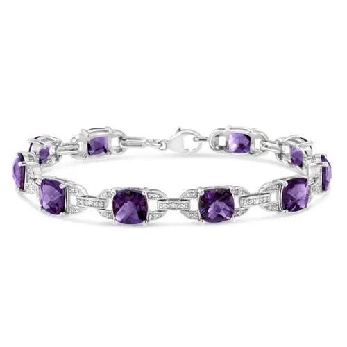 HAUS OF BRILLIANCE Silver Amethyst And Diamond Tennis Link Bracelet - White
