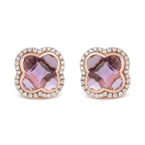 HAUS OF BRILLIANCE 18k Rose Gold Diamond And Amethyst Clover Stud Earrings - Pink