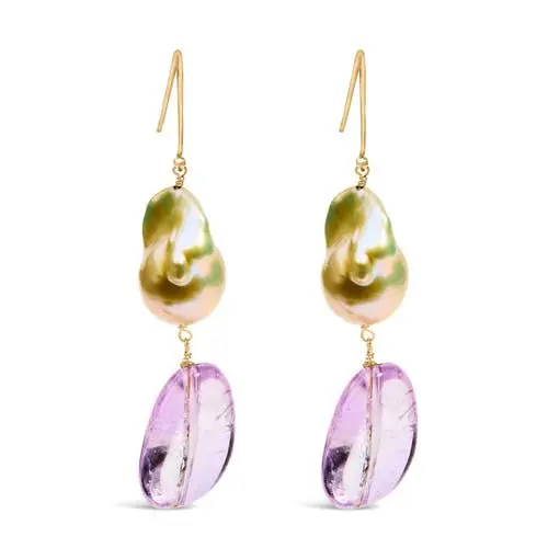 HAUS OF BRILLIANCE 14k Gold Amethyst And Baroque Pearl Drop Earrings - Yellow