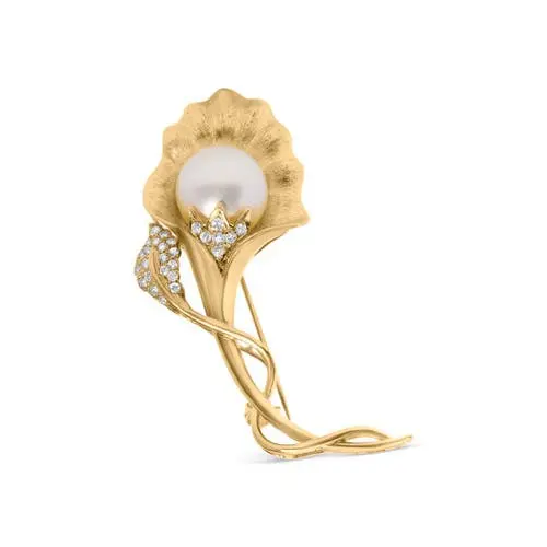 HAUS OF BRILLIANCE 18k Gold Diamond And South Sea Pearl Flower Pin Brooch - Yellow
